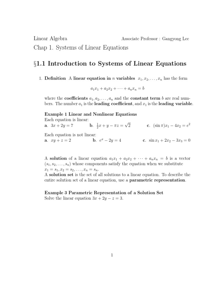 1.1 Introduction To Systems of Linear Equations | PDF | System Of ...
