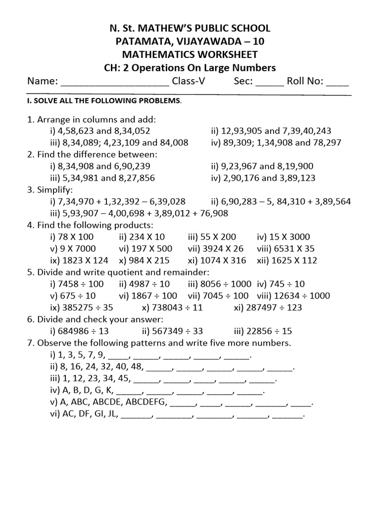 Class V CH 2. Operations On Large Numbers Worksheet | PDF | Chess ...