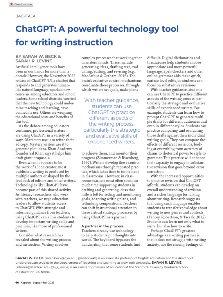 Beck Levine 2023 Backtalk Chatgpt A Powerful Technology Tool For Writing Instruction | PDF ...
