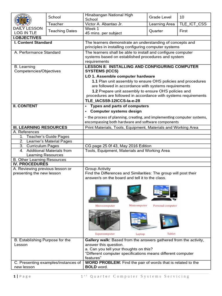 1st Quarter Daily Lesson Log CSS Grade10 | PDF | Learning | Teachers