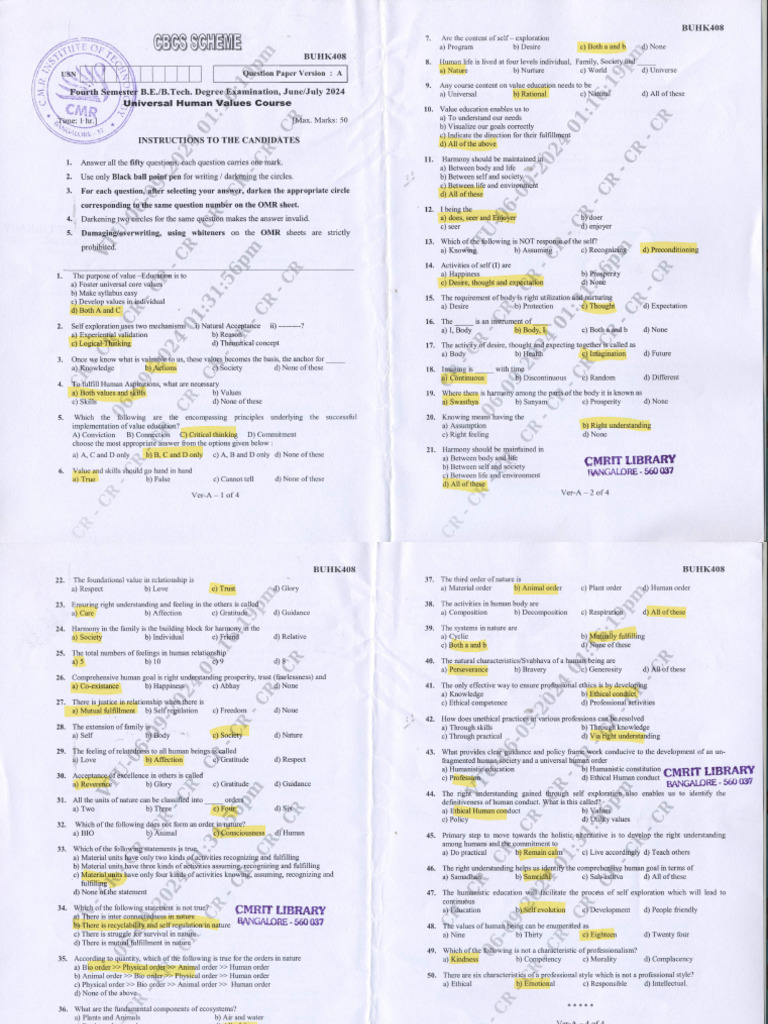 BUHK408 Value Education Question Paper | PDF | Thought | Cognitive Science