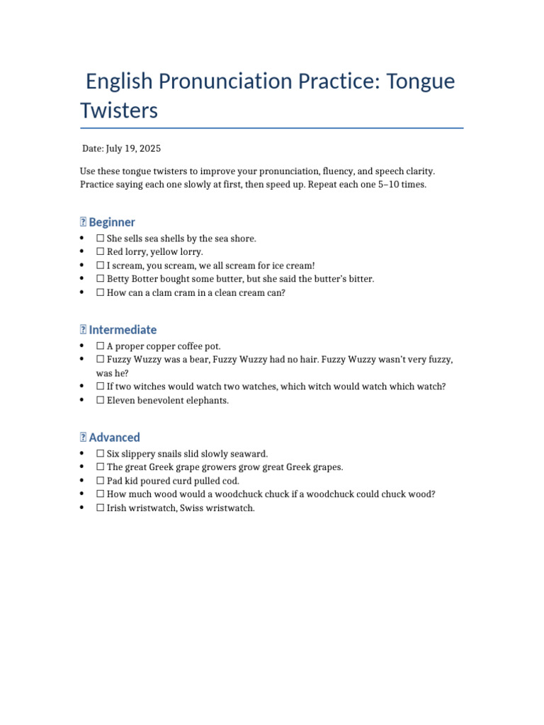 Tongue Twister Practice Tracker | PDF