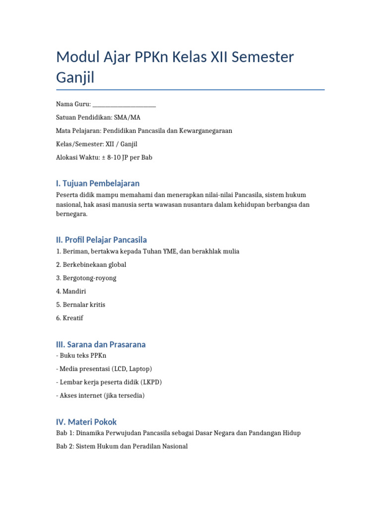 Modul Ajar PPKN XII Ganjil | PDF