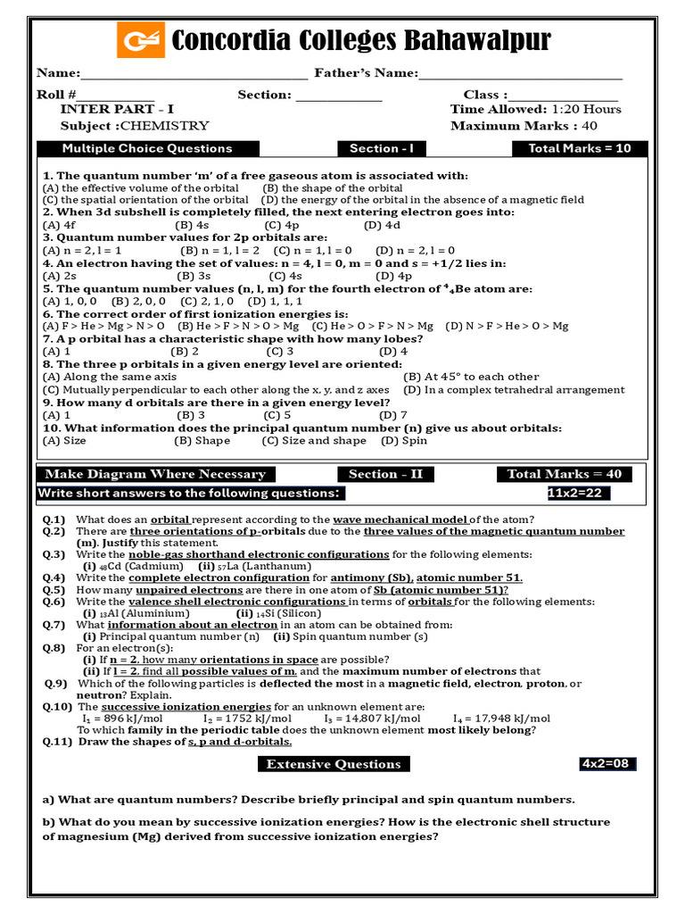 Quantum Numbers Q&A for Chemistry Exam | PDF | Atomic Orbital ...