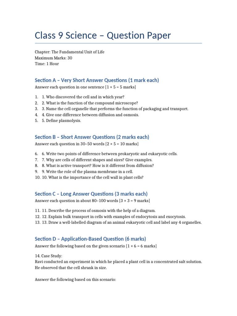 Class 9 Science Cell Question Paper | PDF