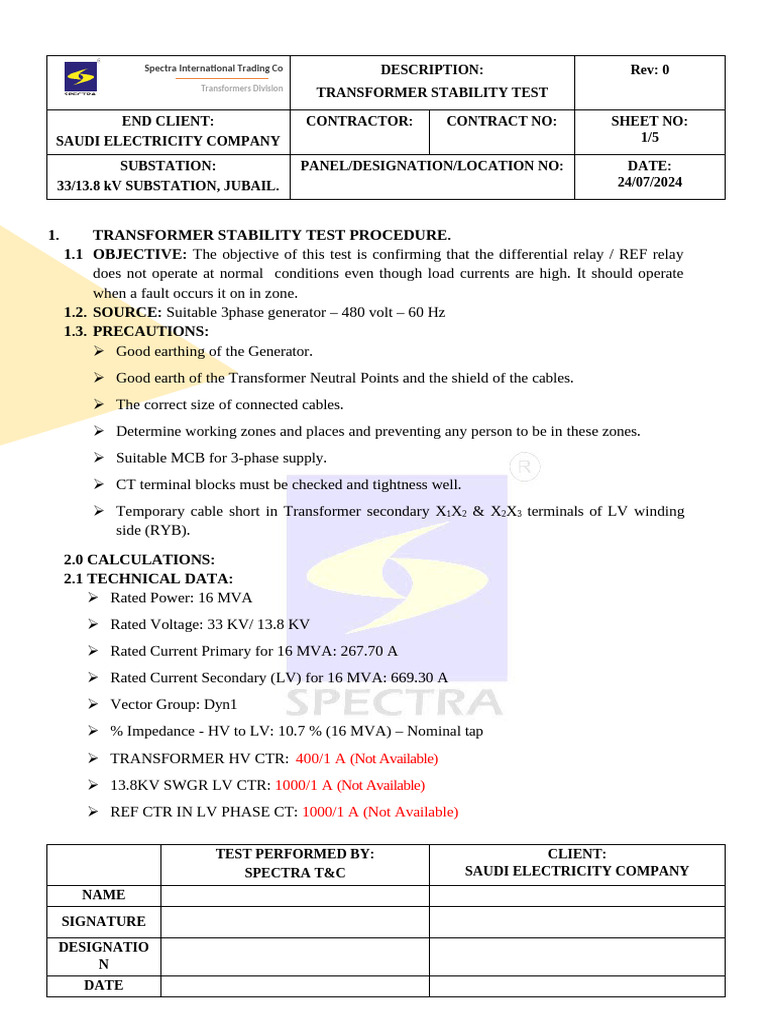 Transformer Stability Test Procedure | PDF | Transformer | Electric Power