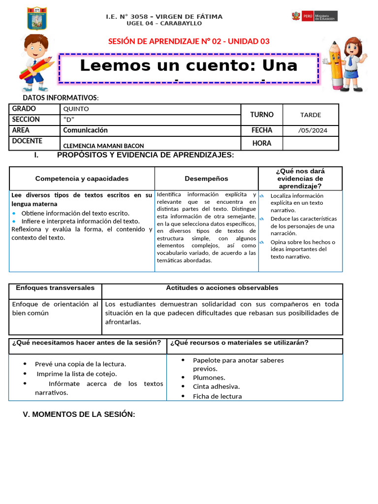 Sesión de Aprendizaje Comunicación Leemos Un Cuento Unidad 3 | PDF | Aprendizaje | Cognición
