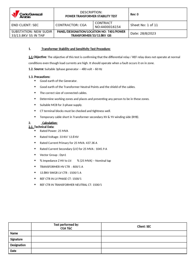 Power Transformer Stability Test Report | PDF | Transformer | Relay
