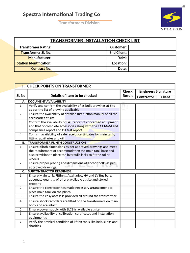 Transformer Installation Checklist | PDF | Transformer | Equipment