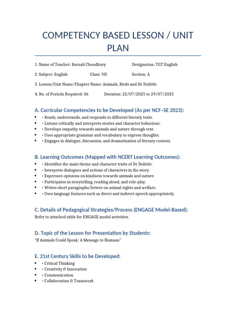 Competency Based Lesson Plan DR Dolittle | PDF | Reading Comprehension ...