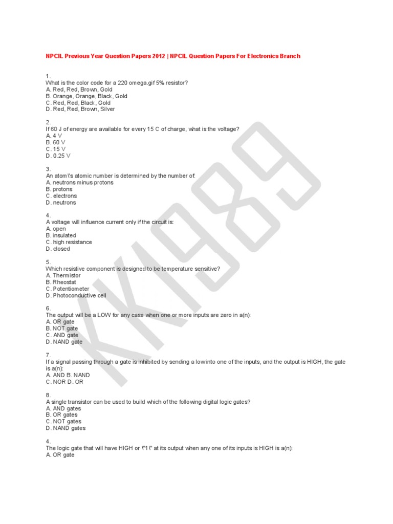NPCIL Question Papers For Electronics Branch | PDF | Transformer ...