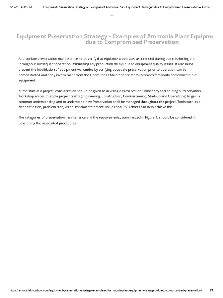 Equipment Preservation Strategy - Examples of Ammonia Plant Equipment Damaged Due To Compromised ...