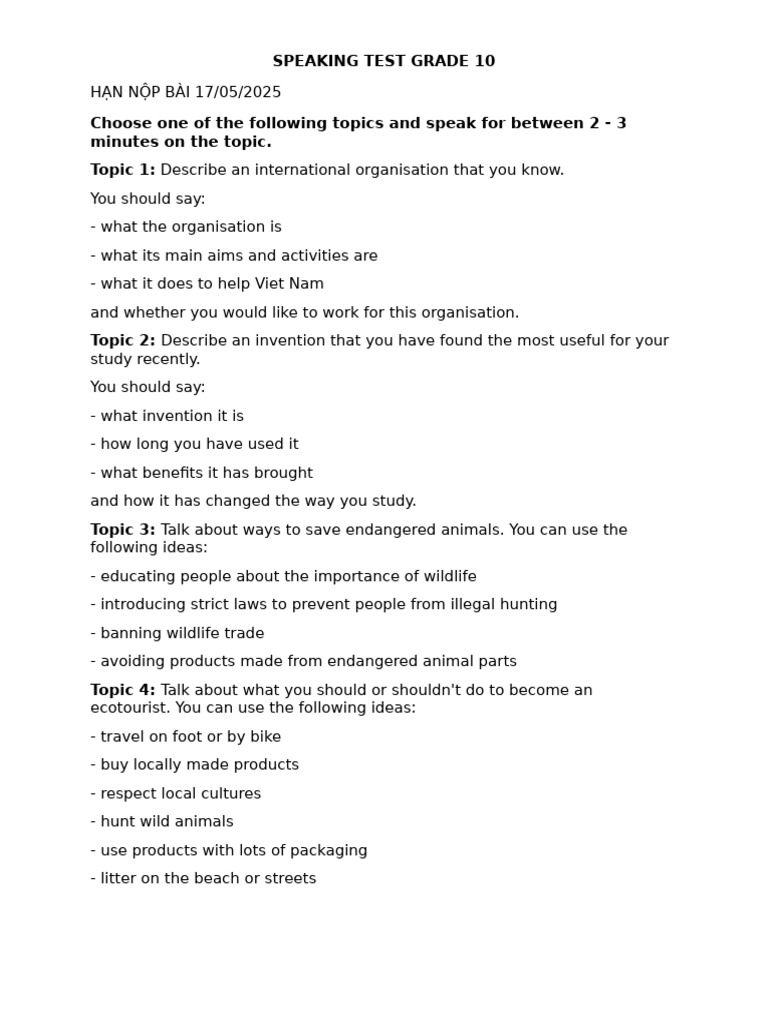 Grade 10 Speaking Test Topics Guide | PDF