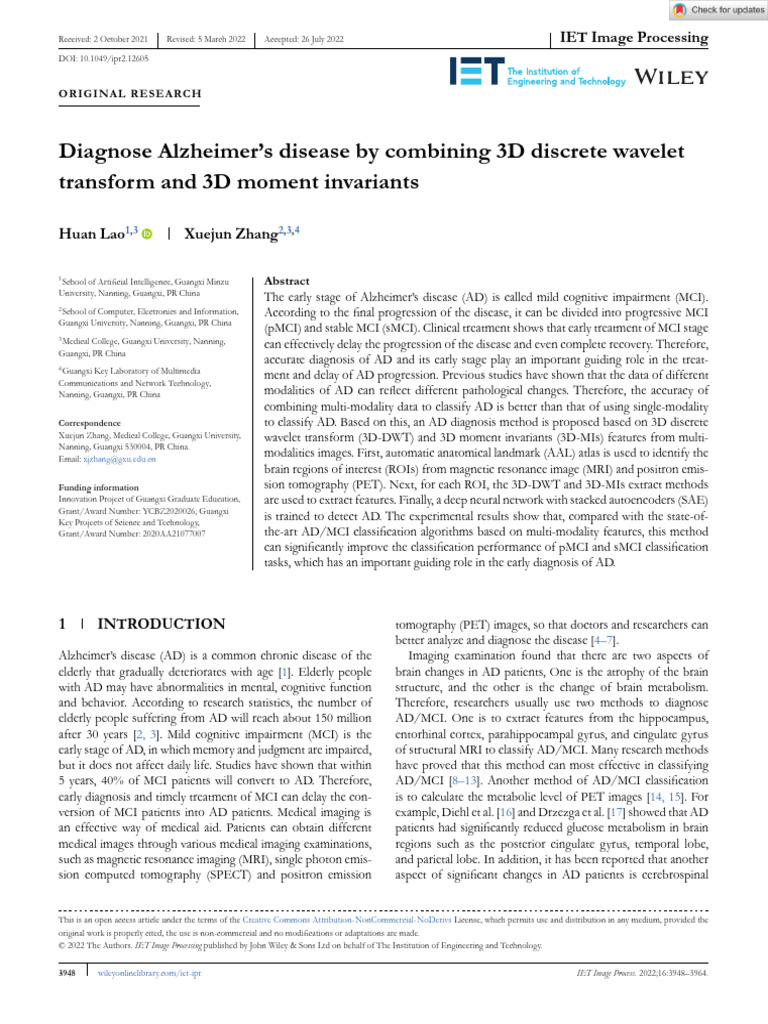 IET Image Processing - 2022 - Lao - Diagnose Alzheimer S Disease by Combining 3D Discrete ...