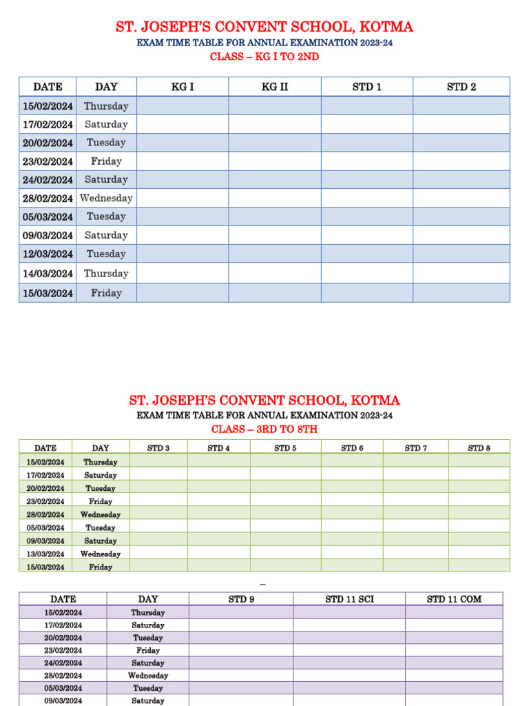St. Joseph's Convent School Exam Timetable 2024 | PDF | Science