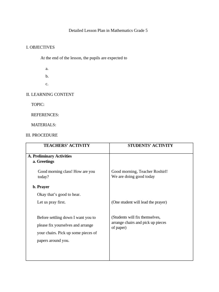 Grade 5 Mathematics Lesson Plan | PDF