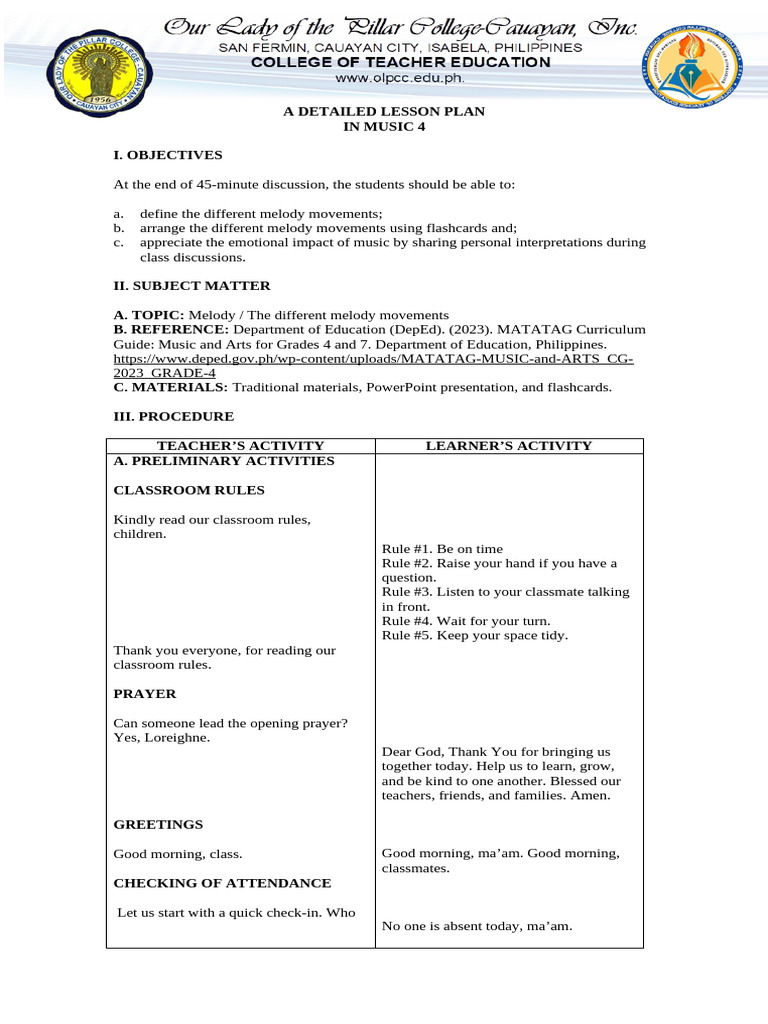 Lesson Plan Music 4 Draft | PDF | Classroom | Lesson Plan