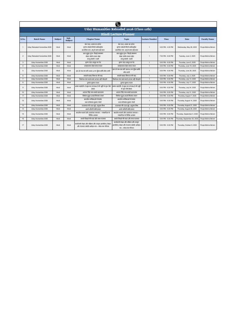 Lecture Planner - Hindi - Uday Humanities Reloaded 2026 (Class 11th) | PDF