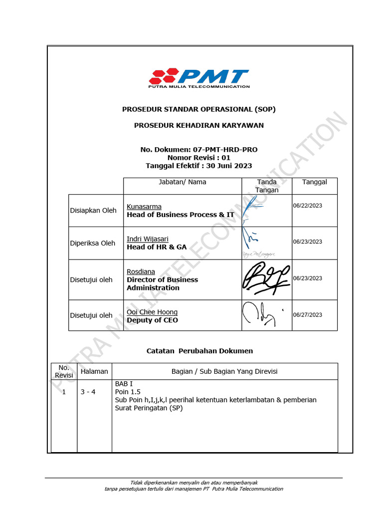 07 PMT HRD PRO Prosedur Kehadiran Karyawan | PDF