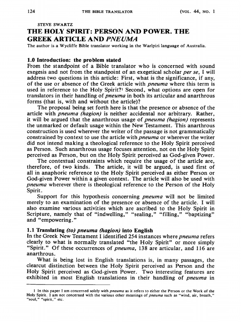 Swartz 1993 The Holy Spirit Person and Power The Greek Article and ...