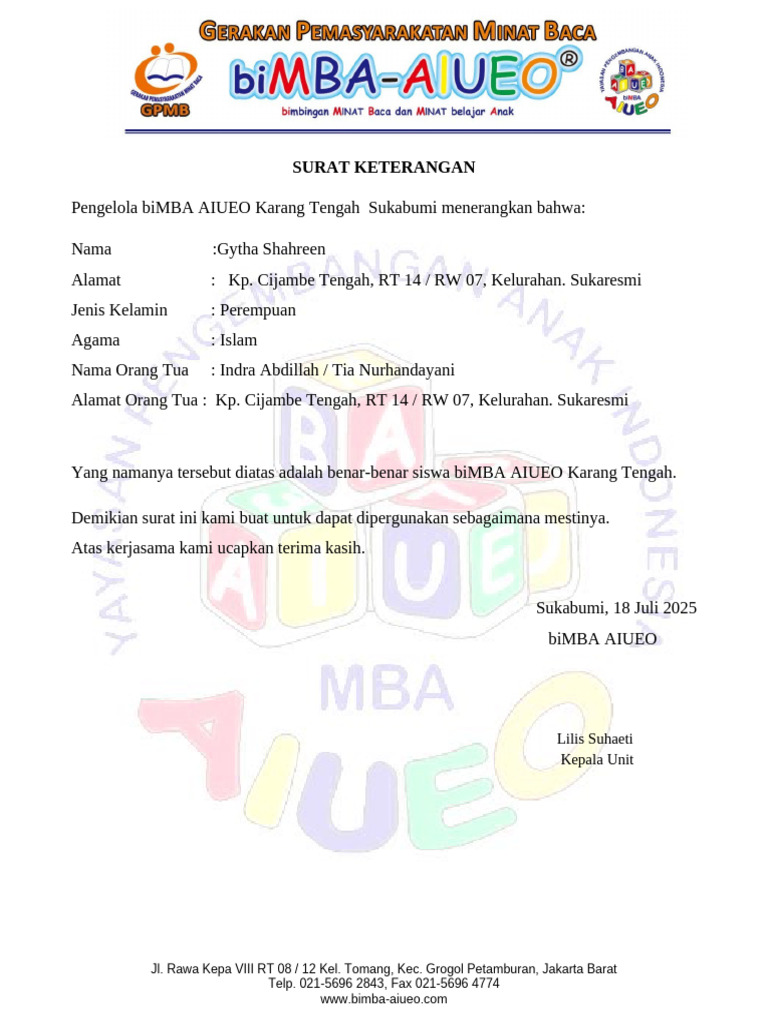 Surat Keterangan Bimba Gytha | PDF