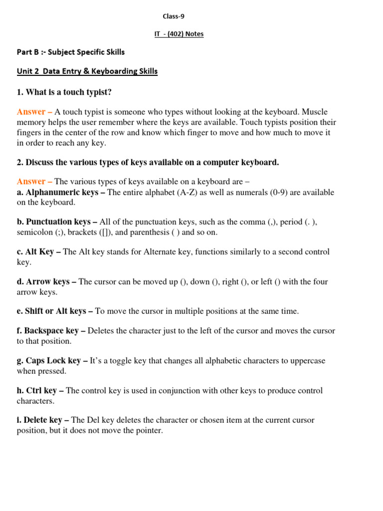 Class 9 (IT) Part B Unit 2 Notes (Data Entry and Keyboarding Skills ...