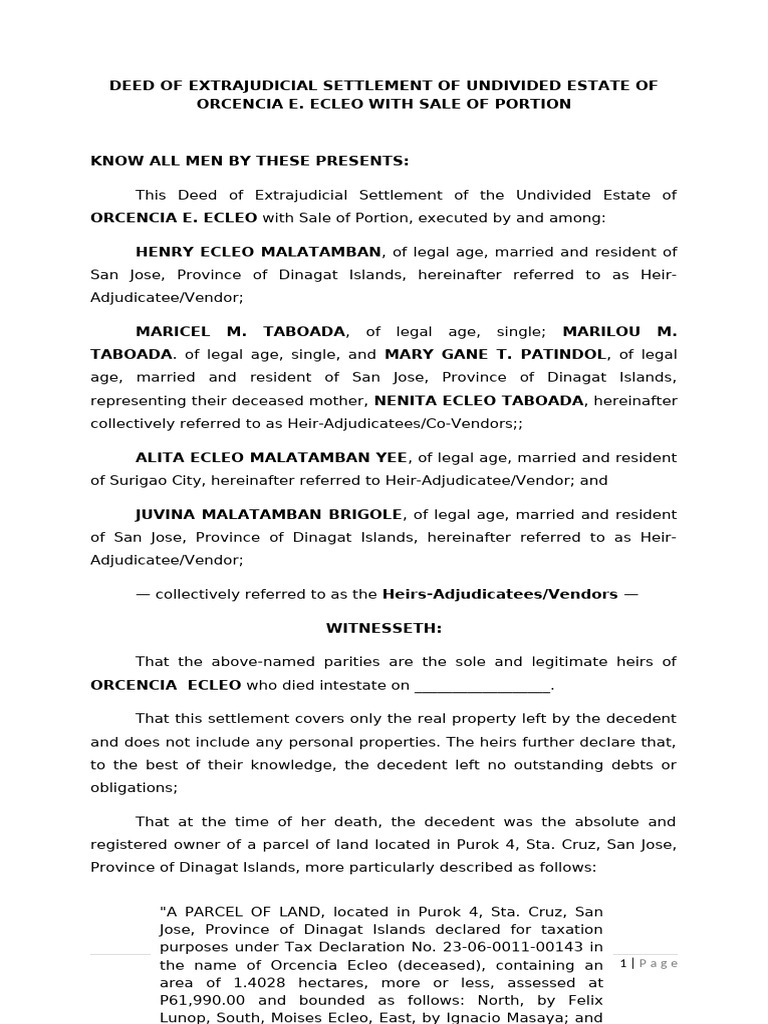 Deed of Extrajudicial Settlement of Undivided Estate of Orcencia e ...