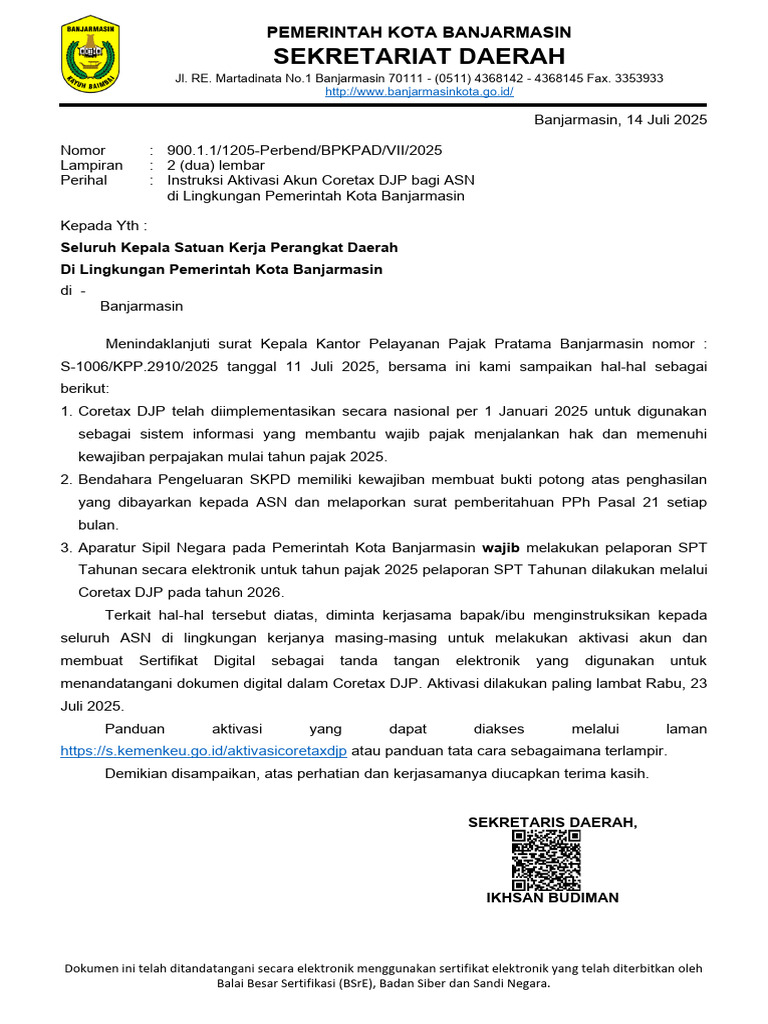 Surat Aktivasi Akun Coretax - TTE - Signed | PDF