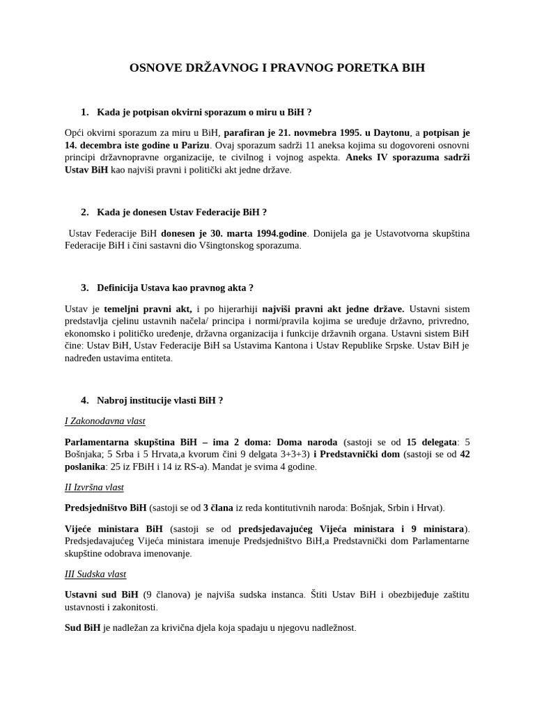 Osnove Državnog I Pravnog Poretka BiH | PDF