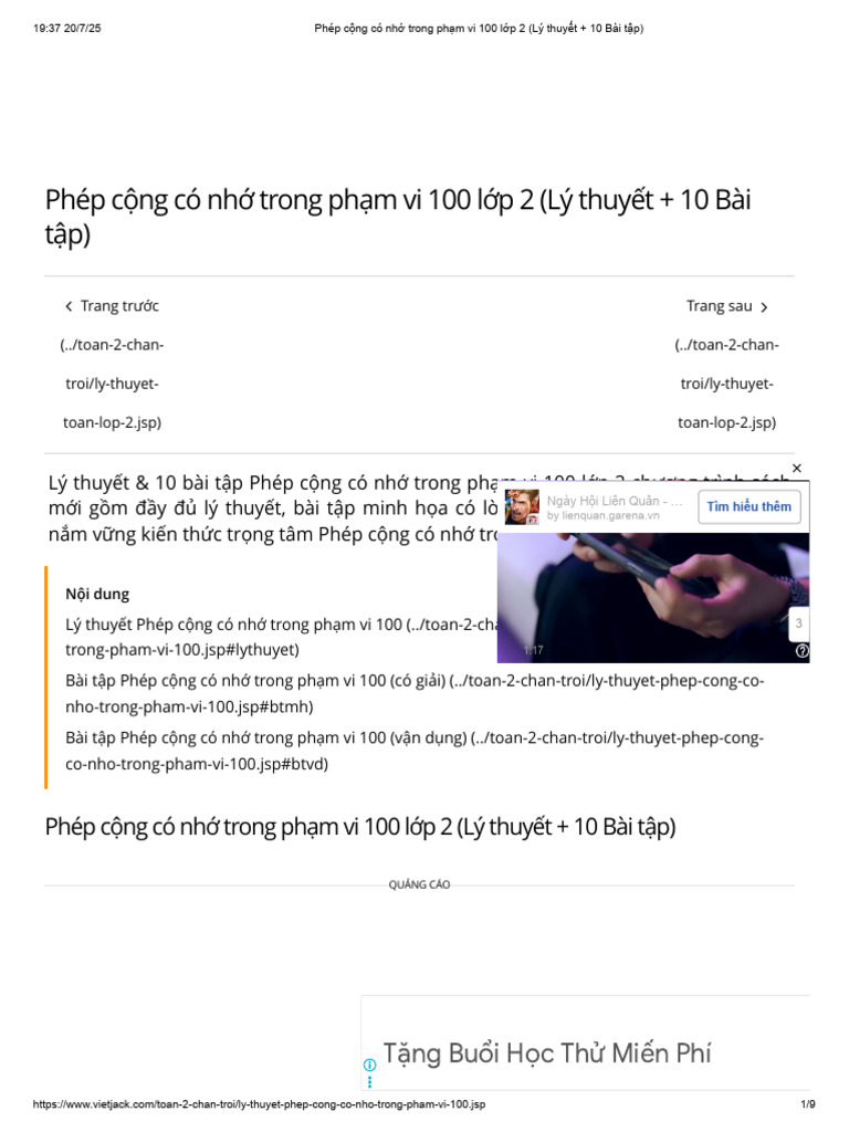 Phép Cộng Có Nhớ Trong Phạm Vi 100 Lớp 2 (Lý Thuyết + 10 Bài Tập) | PDF