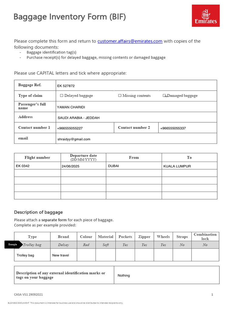 Emirates Baggage Inventory Form | PDF | Baggage