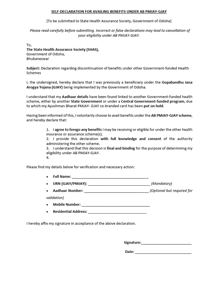 Self-Declaration For Availing Benefits Under Ab Pmjay-Gjay-Odisha | PDF