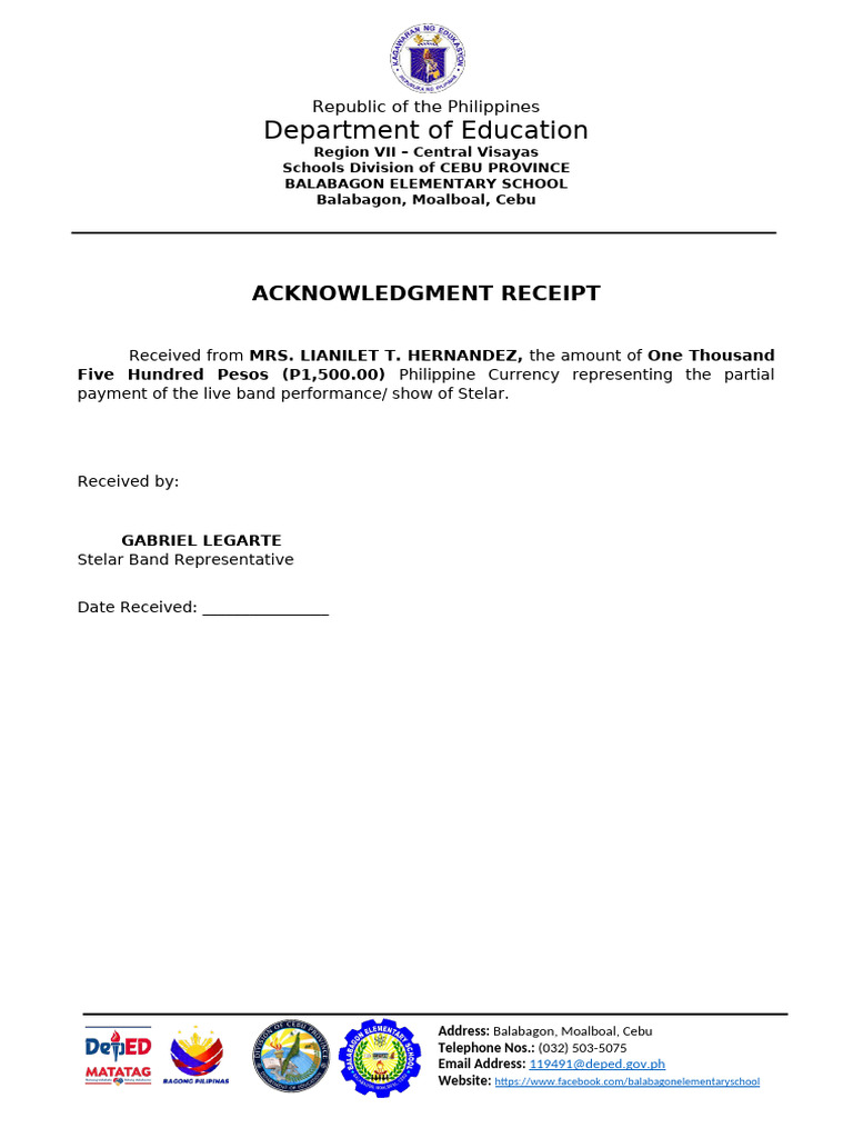 Acknowledgment Receipt for Stelar Band Payment | PDF