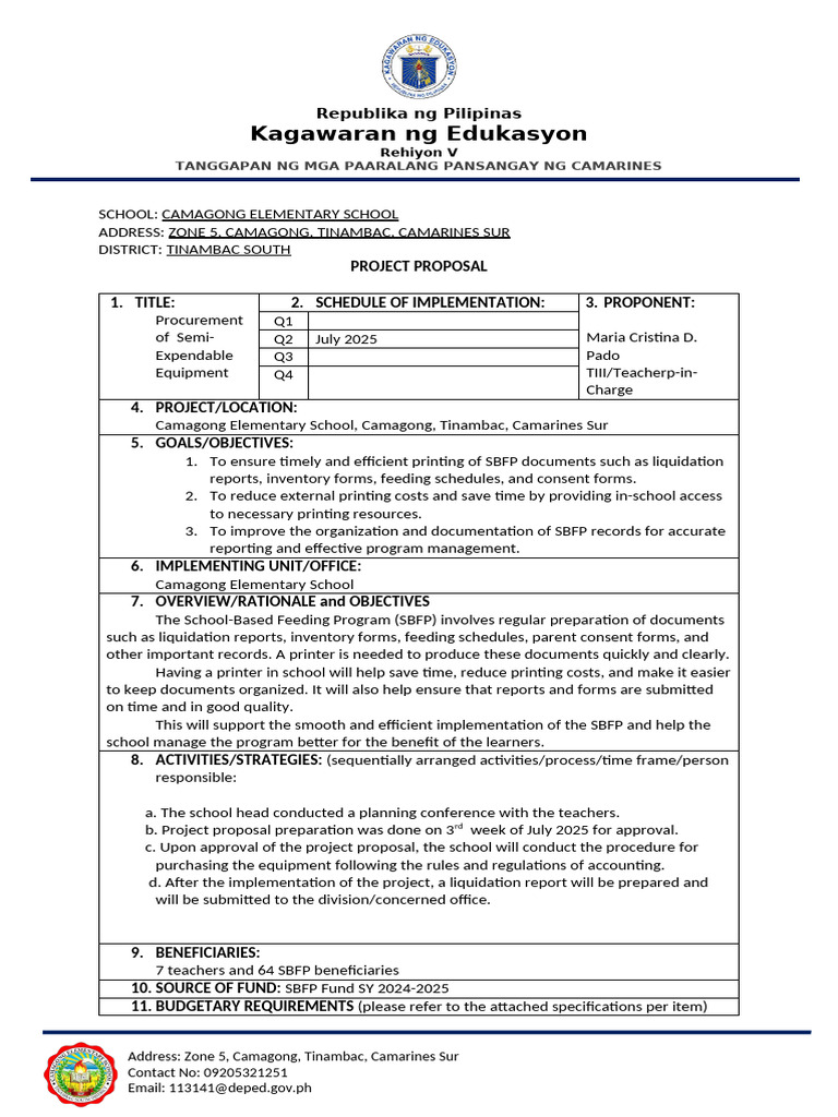 Camagong Elementary School Printer Proposal | PDF