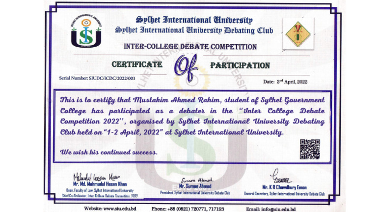 Debate Participation Certificate - Mustakim Rahim | PDF