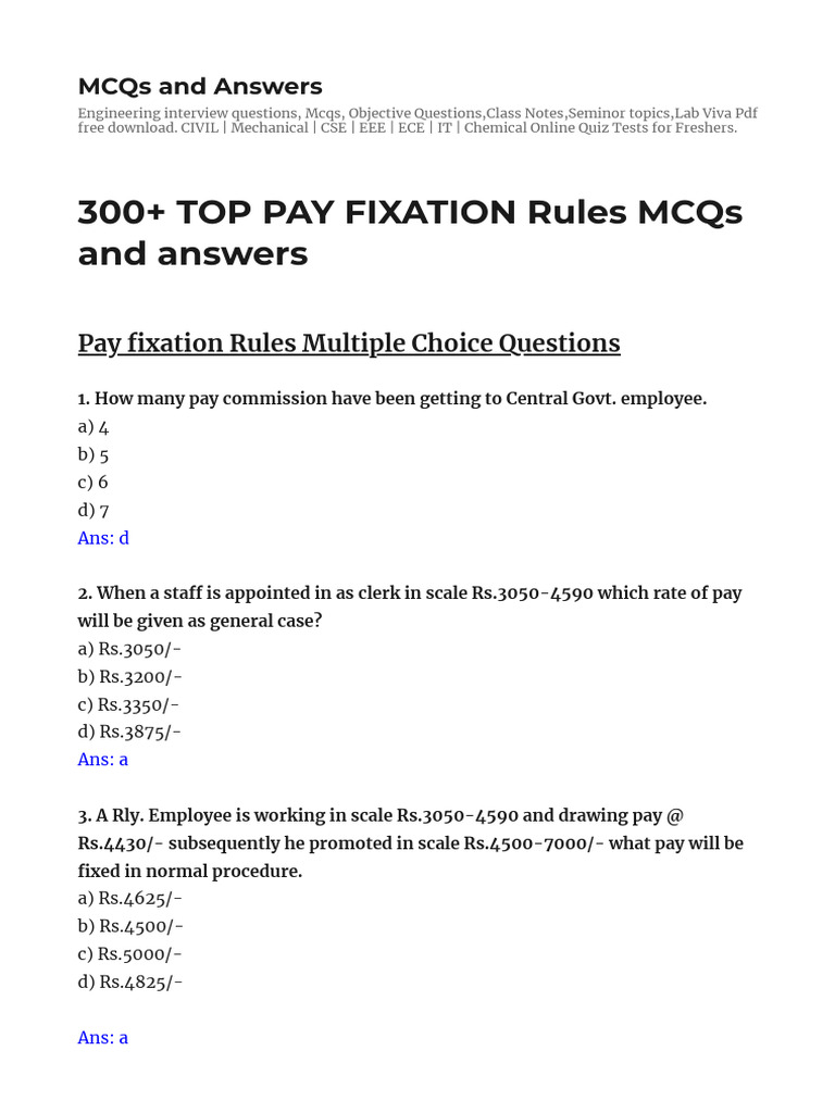 Pay Fixation MCQs for 2024 | PDF | Multiple Choice