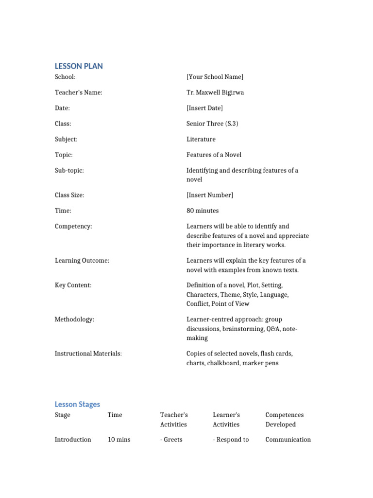 Lesson Plan Features of A Novel | PDF | Lesson Plan | Procedural Knowledge