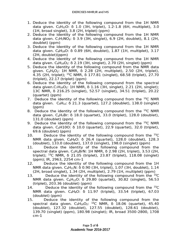 Deduce The Identity of The Following Compound From The 1H NMR Data Given | PDF | Proton Nuclear ...
