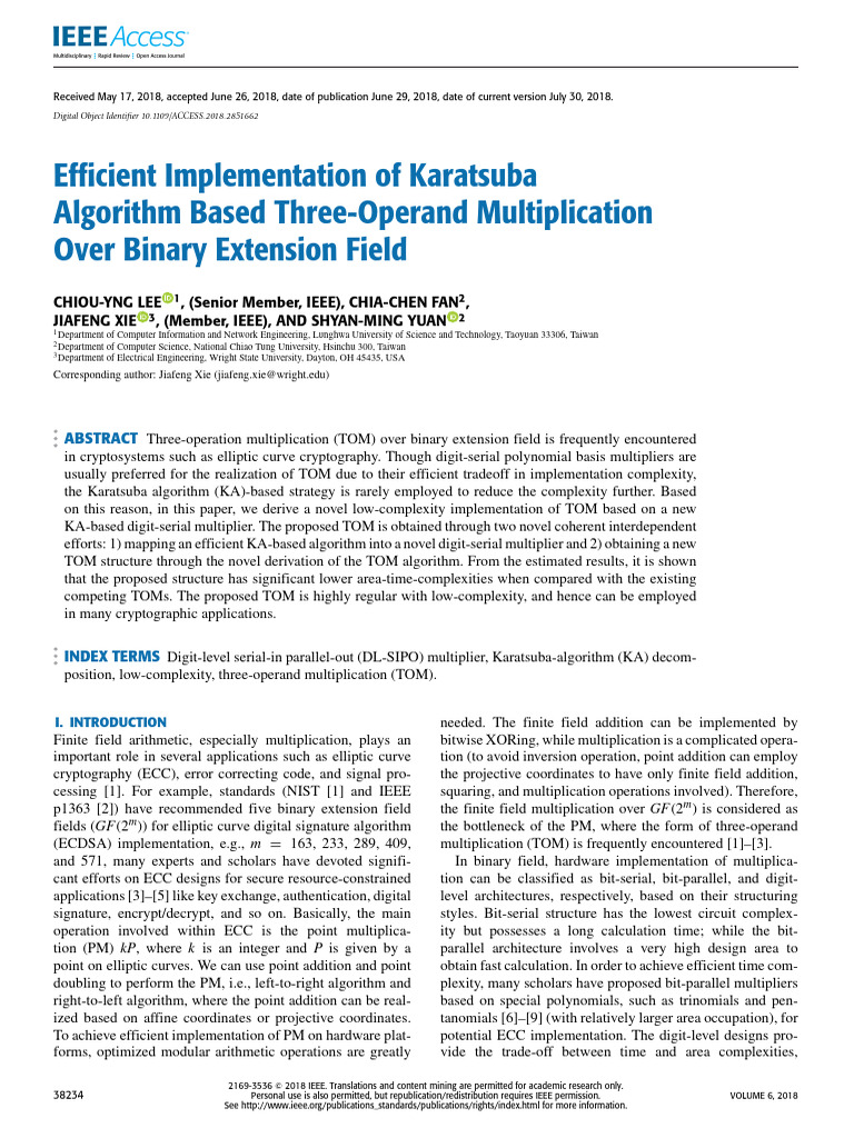 2018 Efficient Implementation of Karatsuba Algorithm Based Three ...