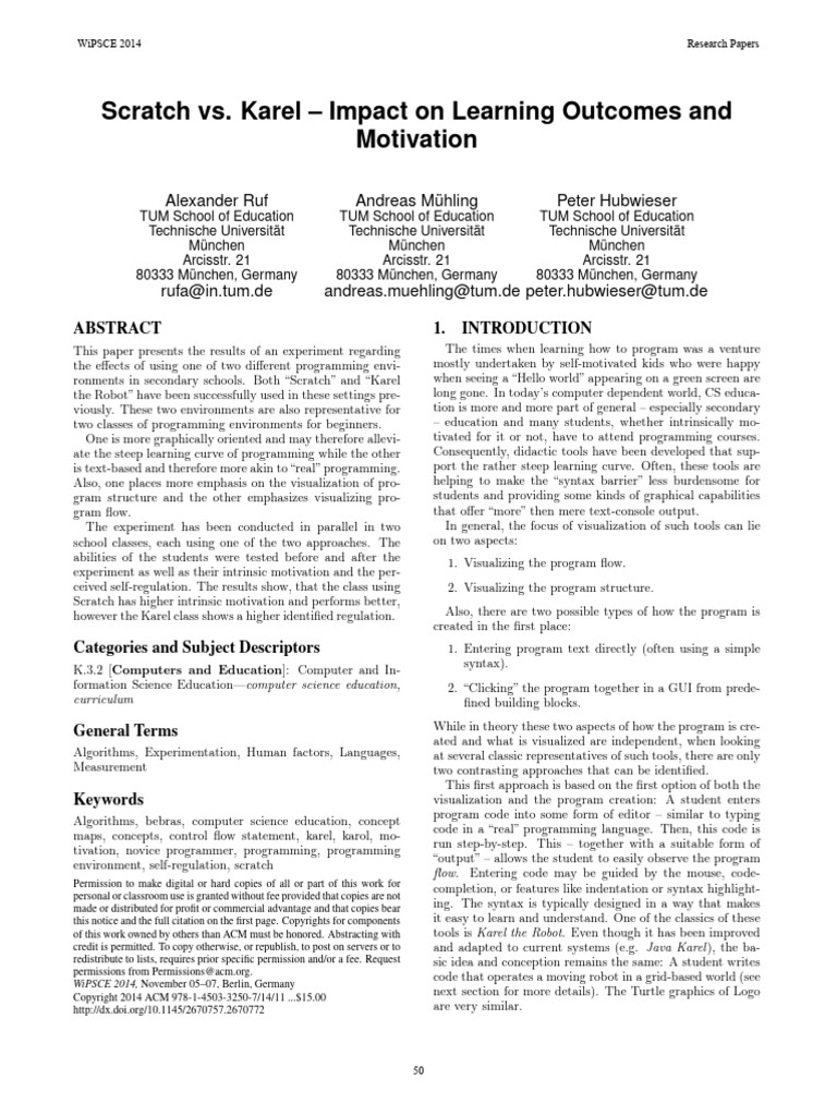 Scratch vs. Karel - Impact On Learning Outcomes and | PDF | Computer ...