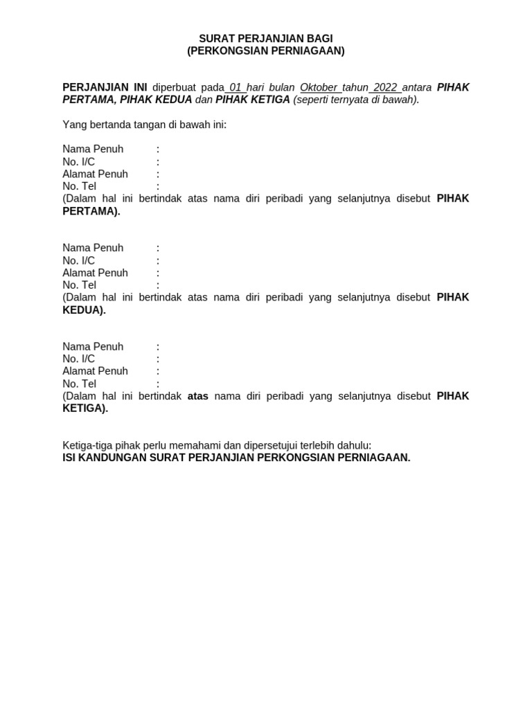 Surat Perjanjian Perniagaan Perkongsian | PDF