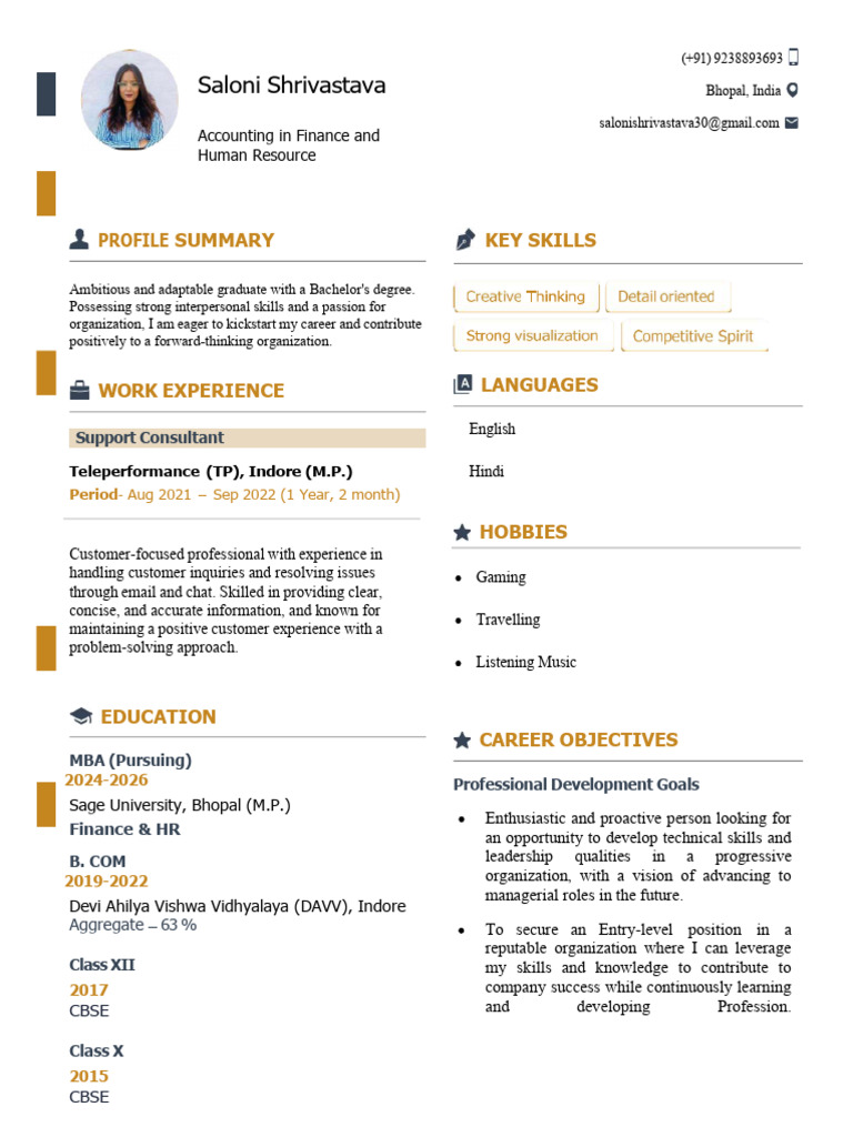 Resume - Saloni Shrivastava | PDF | Business | Cognition