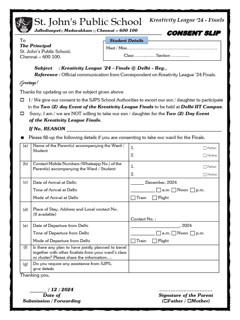 Kreativity League Consent Slip | PDF
