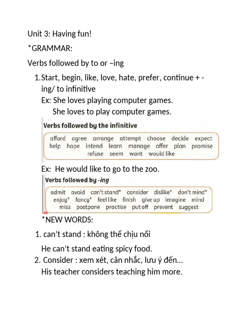 Unit 3 Grammar Verb Followed by - Ing or To 23.3 | PDF
