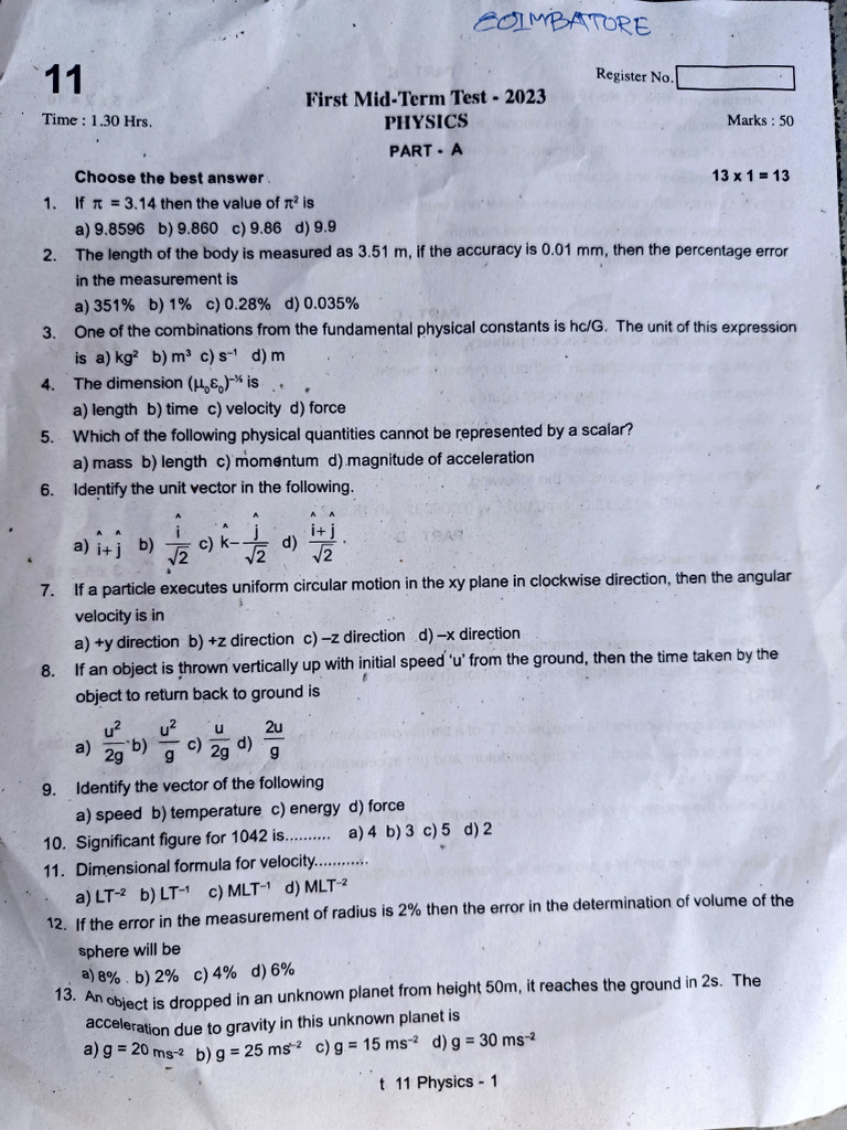 CBE +1 Physics I Mid Term | PDF | Velocity | Acceleration