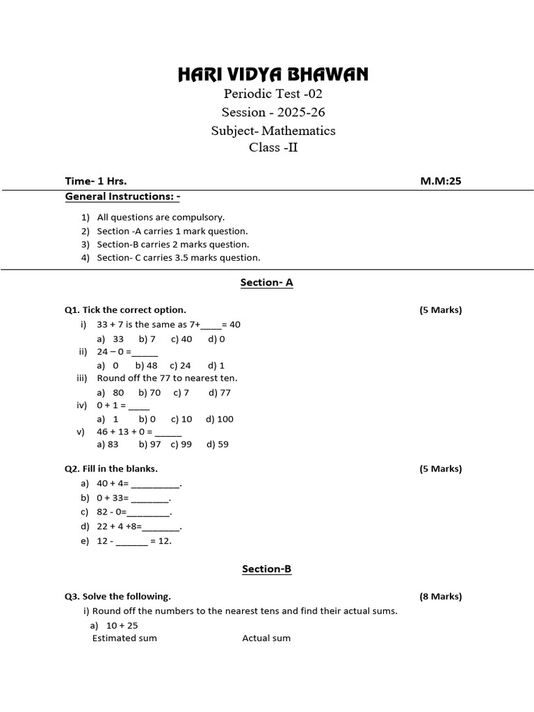 Class II Mathematics Periodic Test 2025 | PDF