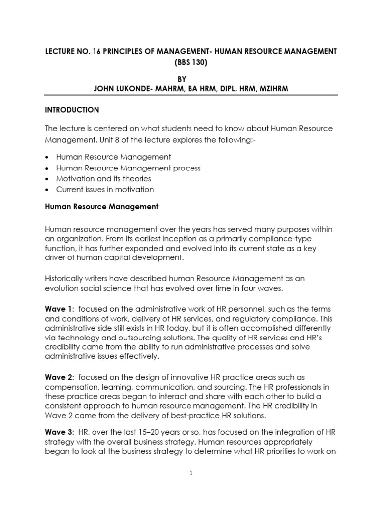 Lecture No 16 Principles of Management Human Resource Management - Unit ...