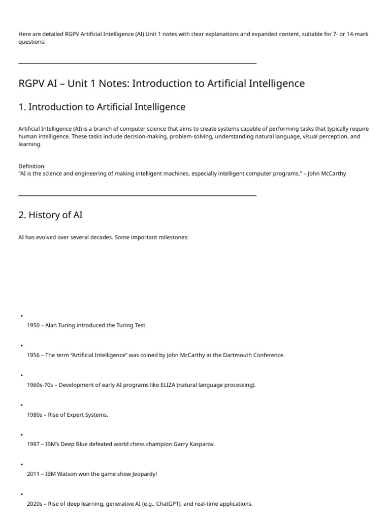 RGPV AI Unit 1 Notes Overview | PDF | Artificial Intelligence ...