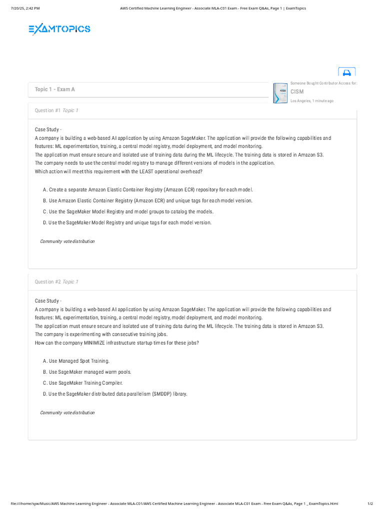 AWS Certified Machine Learning Engineer - Associate MLA-C01 Exam - Free Exam Q&as, Page 1 ...
