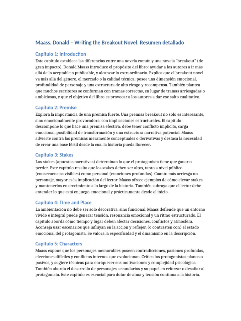 Maass, Donald - Writing The Breakout Novel. Resumen Detallado | PDF